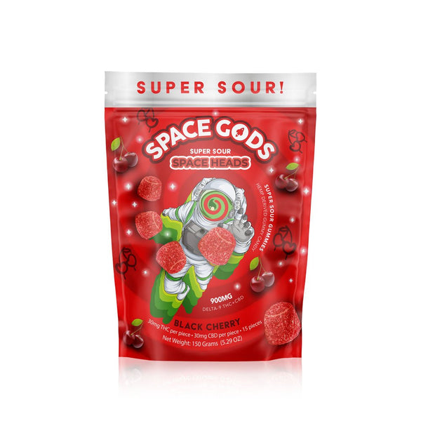 Space Gods Super Sour Space Heads Gummies - D9+CBD 900mg - Black Cherr